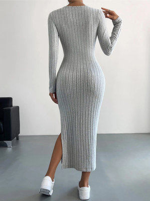 2024 Autumn and Winter New Long sleeved Round Neck Split Knitted Long Dress for Women