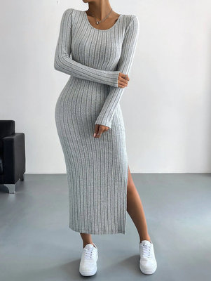 2024 Autumn and Winter New Long sleeved Round Neck Split Knitted Long Dress for Women