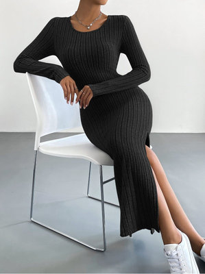 2024 Autumn and Winter New Long sleeved Round Neck Split Knitted Long Dress for Women