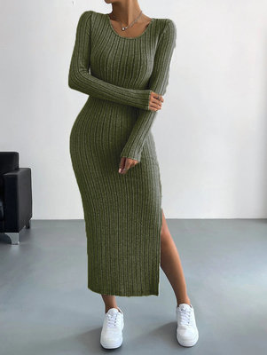 2024 Autumn and Winter New Long sleeved Round Neck Split Knitted Long Dress for Women