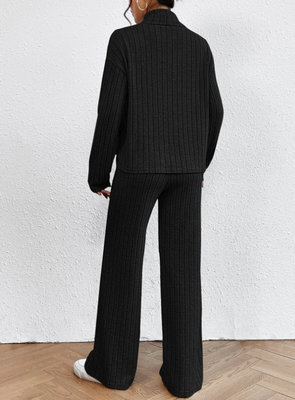 2024 Autumn and Winter Casual High Neck Knitted Long sleeved Sweater Set Women's Loose Pants Two Piece Set