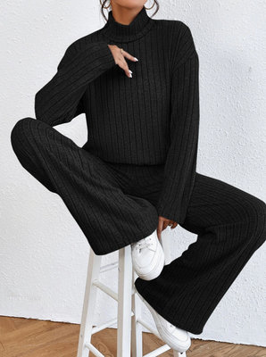2024 Autumn and Winter Casual High Neck Knitted Long sleeved Sweater Set Women's Loose Pants Two Piece Set