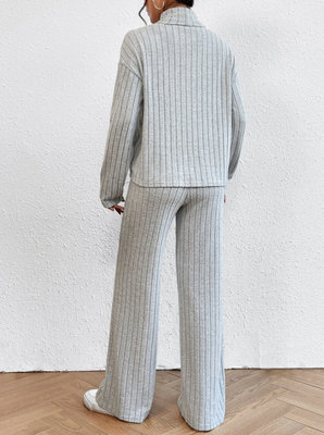 2024 Autumn and Winter Casual High Neck Knitted Long sleeved Sweater Set Women's Loose Pants Two Piece Set