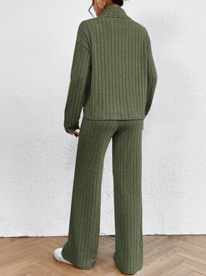 2024 Autumn and Winter Casual High Neck Knitted Long sleeved Sweater Set Women's Loose Pants Two Piece Set