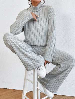2024 Autumn and Winter Casual High Neck Knitted Long sleeved Sweater Set Women's Loose Pants Two Piece Set