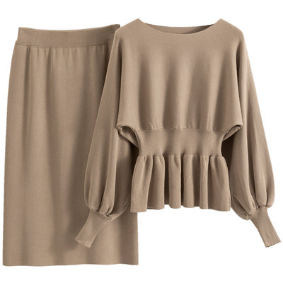 Stylish and Durable Women s Pullover in Polyester Perfect for Any Occasion Lantern long sleeved hip wrap skirt sets