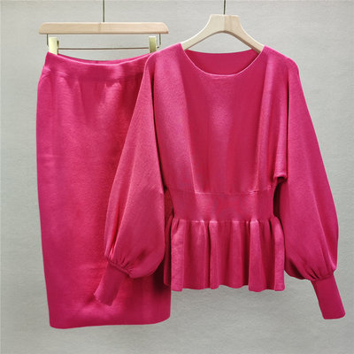 Stylish and Durable Women s Pullover in Polyester Perfect for Any Occasion Lantern long sleeved hip wrap skirt sets