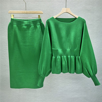 Stylish and Durable Women s Pullover in Polyester Perfect for Any Occasion Lantern long sleeved hip wrap skirt sets