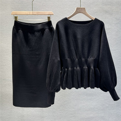 Stylish and Durable Women s Pullover in Polyester Perfect for Any Occasion Lantern long sleeved hip wrap skirt sets