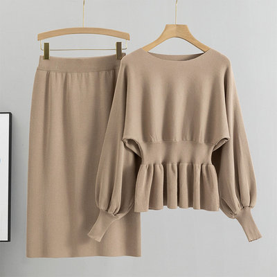 Stylish and Durable Women s Pullover in Polyester Perfect for Any Occasion Lantern long sleeved hip wrap skirt sets