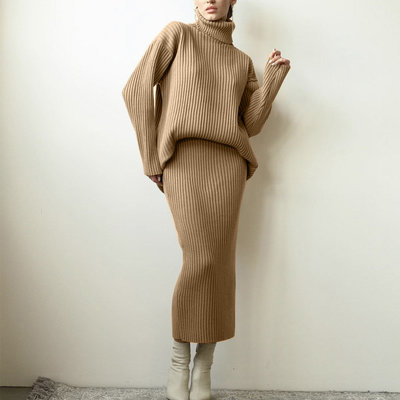 Women s Sweaters for Outdoor Activities with Free Pullover Closure Type Half skirt high neck sweater set