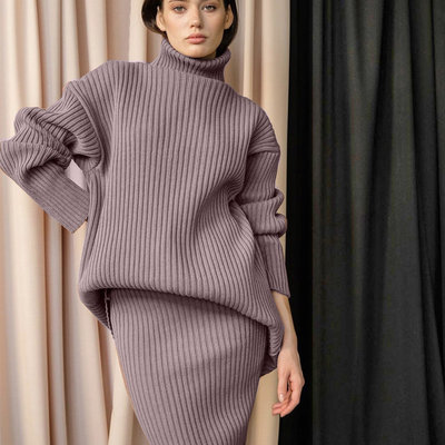 Women s Sweaters for Outdoor Activities with Free Pullover Closure Type Half skirt high neck sweater set