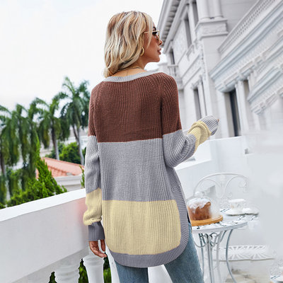 2024 Autumn and Winter New Women's Top Mid length High Split Contrast Color Pullover Long sleeved Sweater