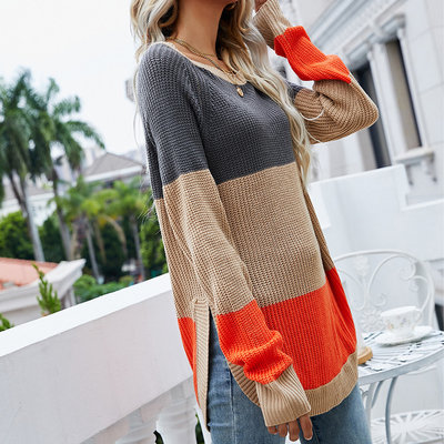 2024 Autumn and Winter New Women's Top Mid length High Split Contrast Color Pullover Long sleeved Sweater
