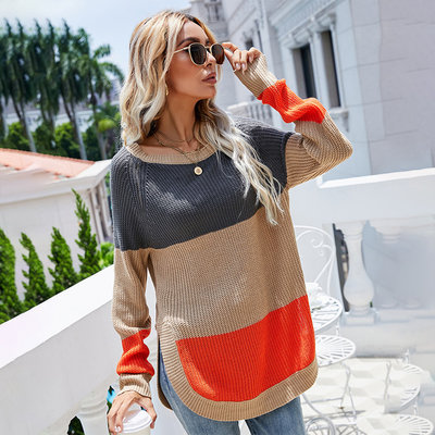 2024 Autumn and Winter New Women's Top Mid length High Split Contrast Color Pullover Long sleeved Sweater