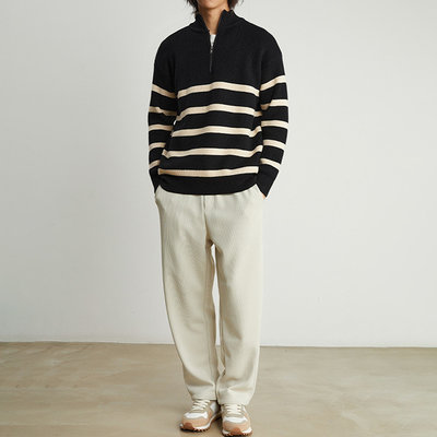High-Performance Men s Sweaters with Ribbed Collar Style and Half zip striped sweater Pattern