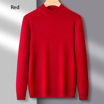 Men s Sweaters with Ribbed Hem for Fall/Winter Half High Collar Woolen Crew Neckline and Seasonal Style