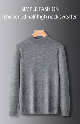 Men s Sweaters with Ribbed Hem for Fall/Winter Half High Collar Woolen Crew Neckline and Seasonal Style
