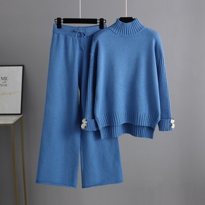 Women s Pullover with Pullover Closure and Hand Wash Care Instructions High necked knitted sweater and pants set