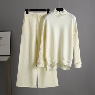 Women s Pullover with Pullover Closure and Hand Wash Care Instructions High necked knitted sweater and pants set