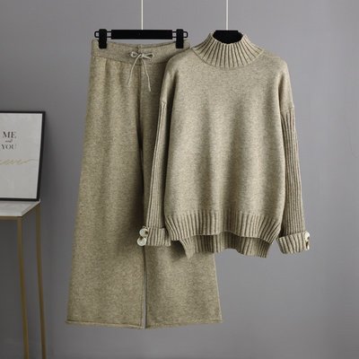 Women s Pullover with Pullover Closure and Hand Wash Care Instructions High necked knitted sweater and pants set