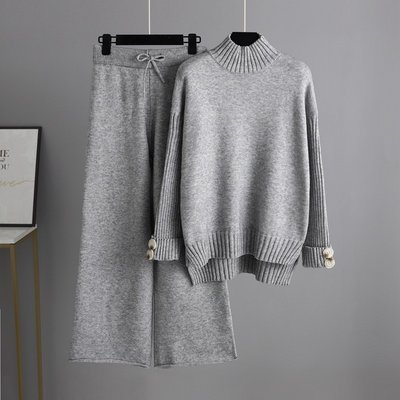Women s Pullover with Pullover Closure and Hand Wash Care Instructions High necked knitted sweater and pants set