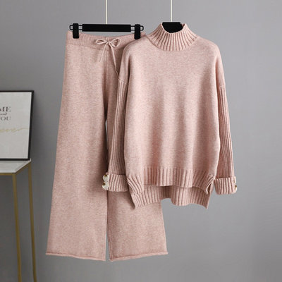 Women s Pullover with Pullover Closure and Hand Wash Care Instructions High necked knitted sweater and pants set