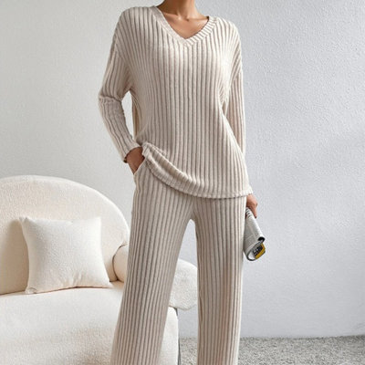 Women s Sweaters for Daily Wear Product Type and Country Of Origin Straight leg pants loose V-neck pit stripe knit suit