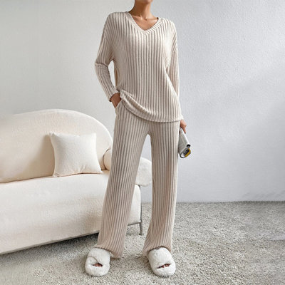 Women s Sweaters for Daily Wear Product Type and Country Of Origin Straight leg pants loose V-neck pit stripe knit suit