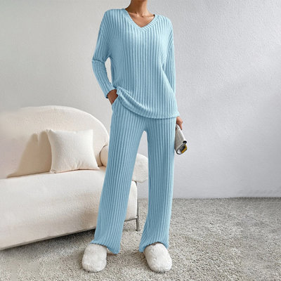 Women s Sweaters for Daily Wear Product Type and Country Of Origin Straight leg pants loose V-neck pit stripe knit suit