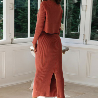 Customization Women s Sweaters Country Of Origin Long Sleeve sexy sweater two-piece set with split hem long skirt