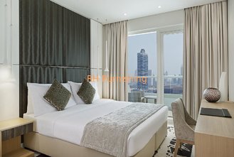 Hotel apartment room furniture made by Laminate board for Desk with Minibar cabinets and Upholstered headboard