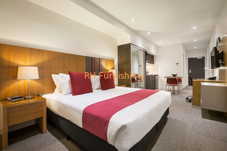 Hotel rooms furniture by laminate headboard bed with Nightstand and Living room upholstery furniture