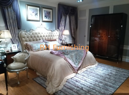 Luxury Classic Bedroom Furniture Queen size Bed Flower Craft Wood and Leather Headboard in Sliver White painting supplier