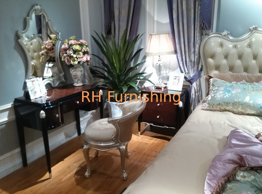 Luxury Classic Bedroom Furniture Queen size Bed Flower Craft Wood and Leather Headboard in Sliver White painting supplier