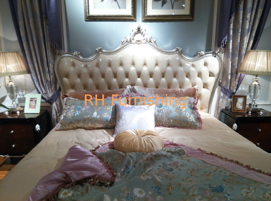 Luxury Classic Bedroom Furniture Queen size Bed Flower Craft Wood and Leather Headboard in Sliver White painting supplier