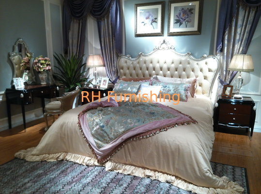 Luxury Classic Bedroom Furniture Queen size Bed Flower Craft Wood and Leather Headboard in Sliver White painting supplier