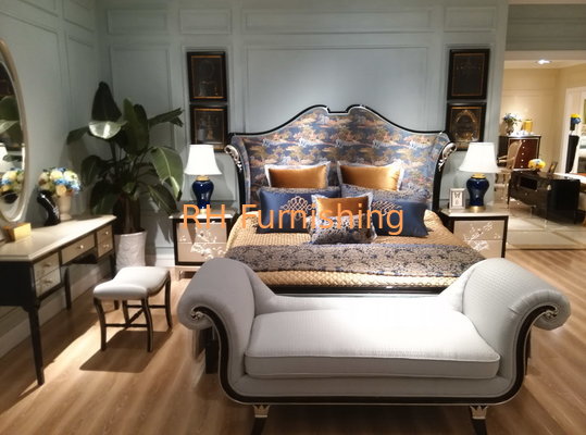 Luxury New Classic Bedroom Furniture set King Bed black finish Wood and Culture Fabric Headboard factory direct Price supplier