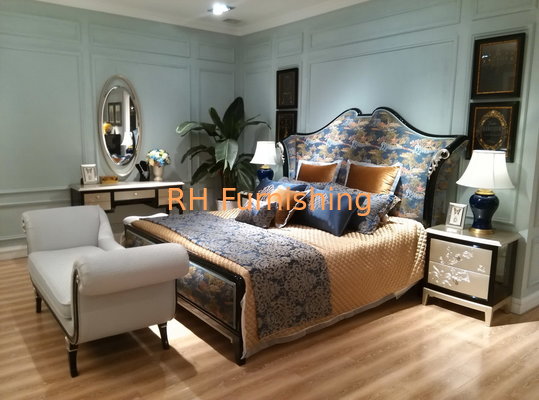 Luxury New Classic Bedroom Furniture set King Bed black finish Wood and Culture Fabric Headboard factory direct Price supplier