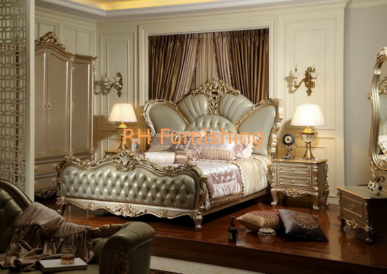 Luxury classic  Bedroom furniture Villa interior design of King bed by Craft wood with Italy Leather headboard supplier