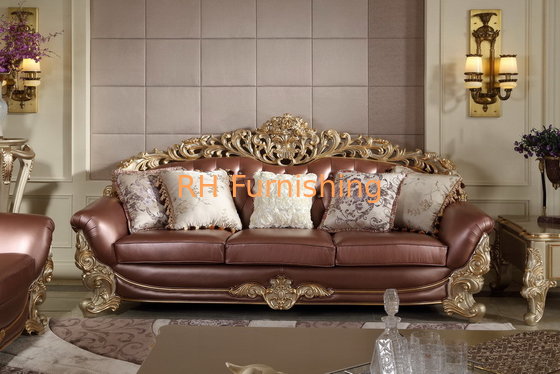 Luxury Sofa sets by Beech wood craft design in golden color painting and Imported Italy Leather for Villa living rooms supplier