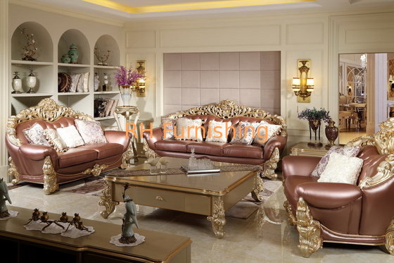 Luxury Sofa sets by Beech wood craft design in golden color painting and Imported Italy Leather for Villa living rooms supplier