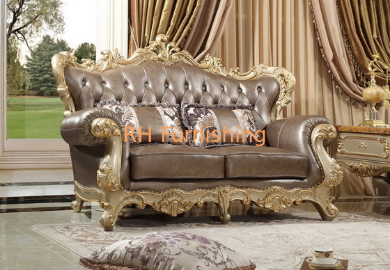 French style Luxury design of Living room Sofa sets 1+2+3  used Beech wood Carving and Import Italy Leather Furniture supplier