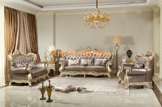 French style Luxury design of Living room Sofa sets 1+2+3  used Beech wood Carving and Import Italy Leather Furniture supplier