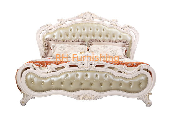 Luxury Bed Sets Classic desgn of White painting Wooden Furniture withe Leather upholstered Headboards of Villa interior supplier