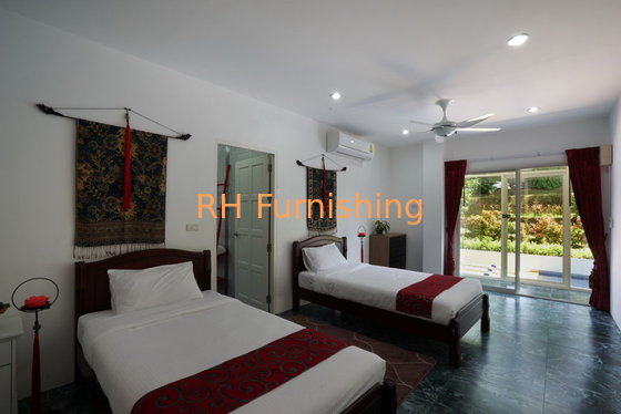 Holiday Villa room Furniture used Rubber wooden Double bed and Single Couch with Cabinet supplier