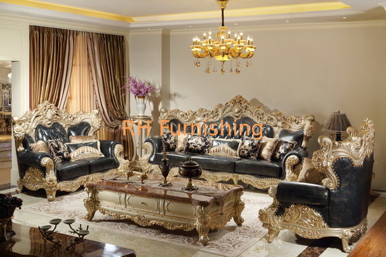Luxury Leather Sofa set in Champagne Rose wood Hand carving by Joyful Ever Furniture supplier