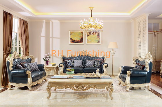 European style Luxury Leather Sofa set wood carving by Joyful Ever Living room Furniture supplier