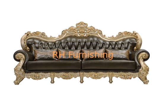 Brown Genuine leather 1+2+3seat Sofa in Classic carving Furniture Sliver color Joyful Ever supplier