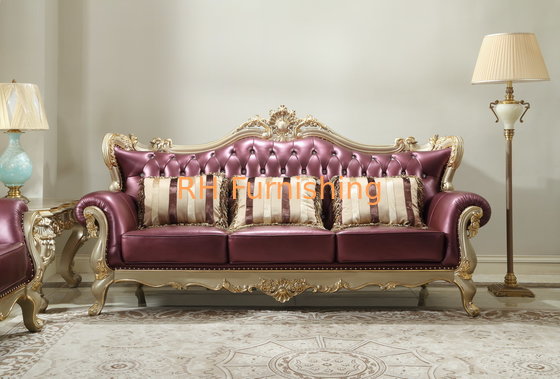 Purple Genuine leather three seat Sofa in Luxury carving Furniture European Joyful Ever supplier